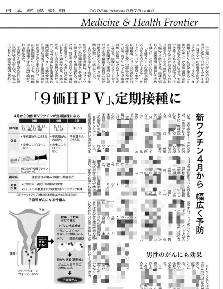 三輪綾子院長が、日本経済新聞「9価HPVワクチンの定期接種」に関する記事に掲載されました。 | THIRD CLINIC